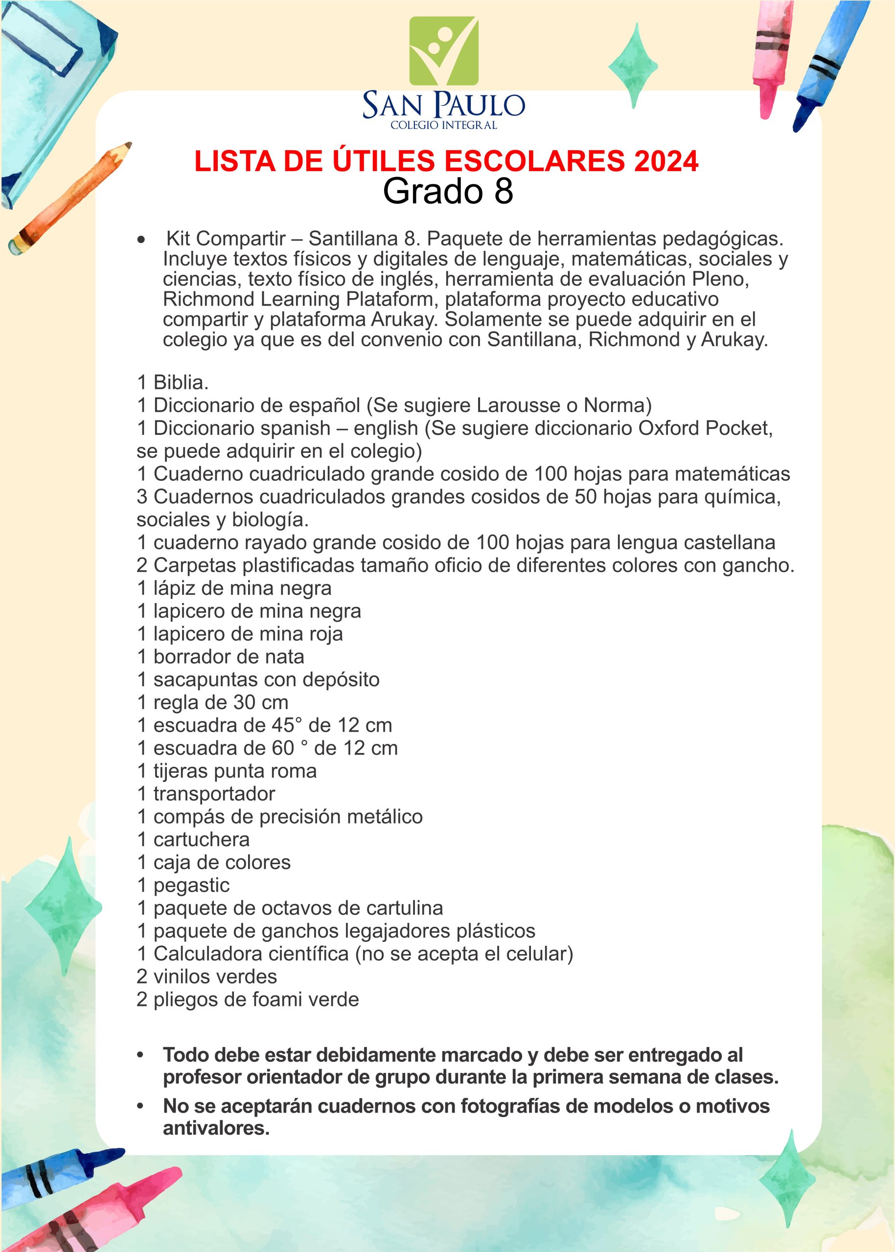 Útiles Escolares Grado 8 – Colegio San Paulo